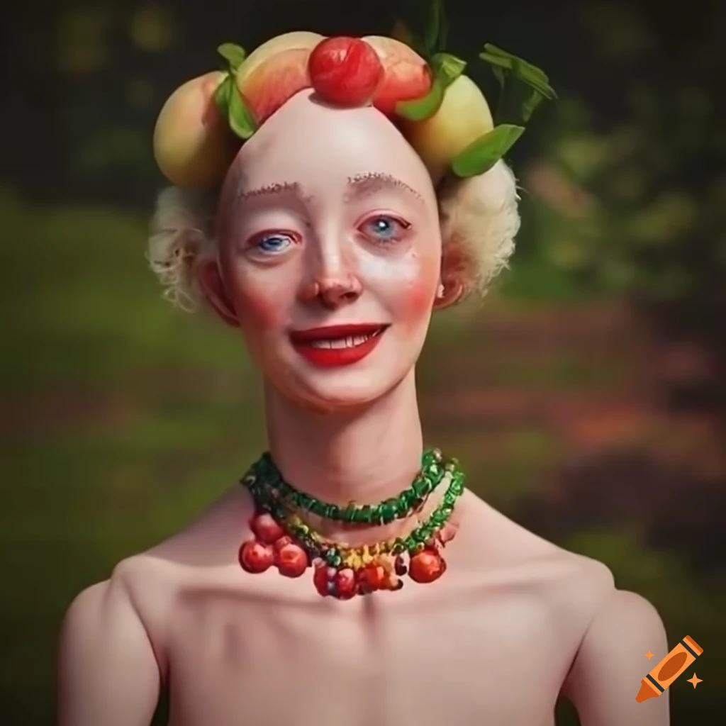 Illustration of a smiling humanoid fruit person with a cottagecore ...