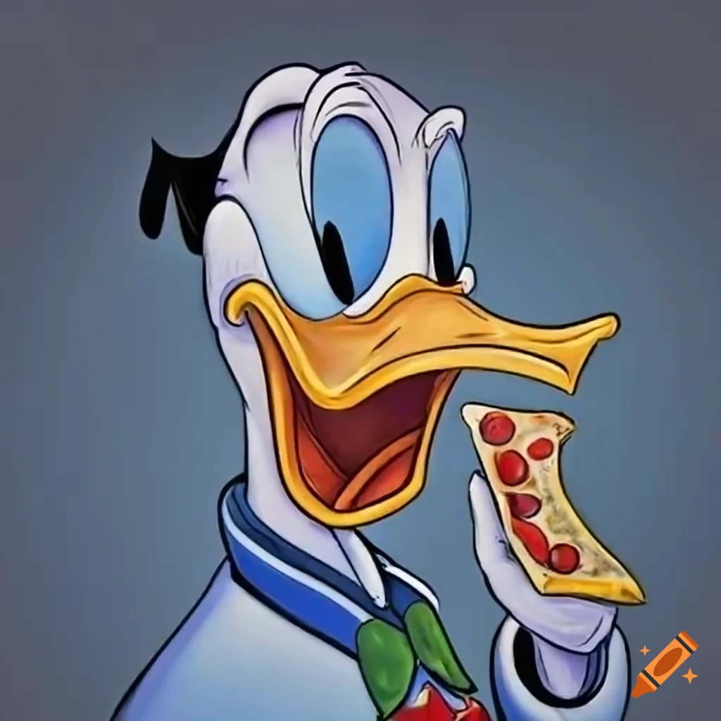 Donald duck enjoying a pizza on Craiyon
