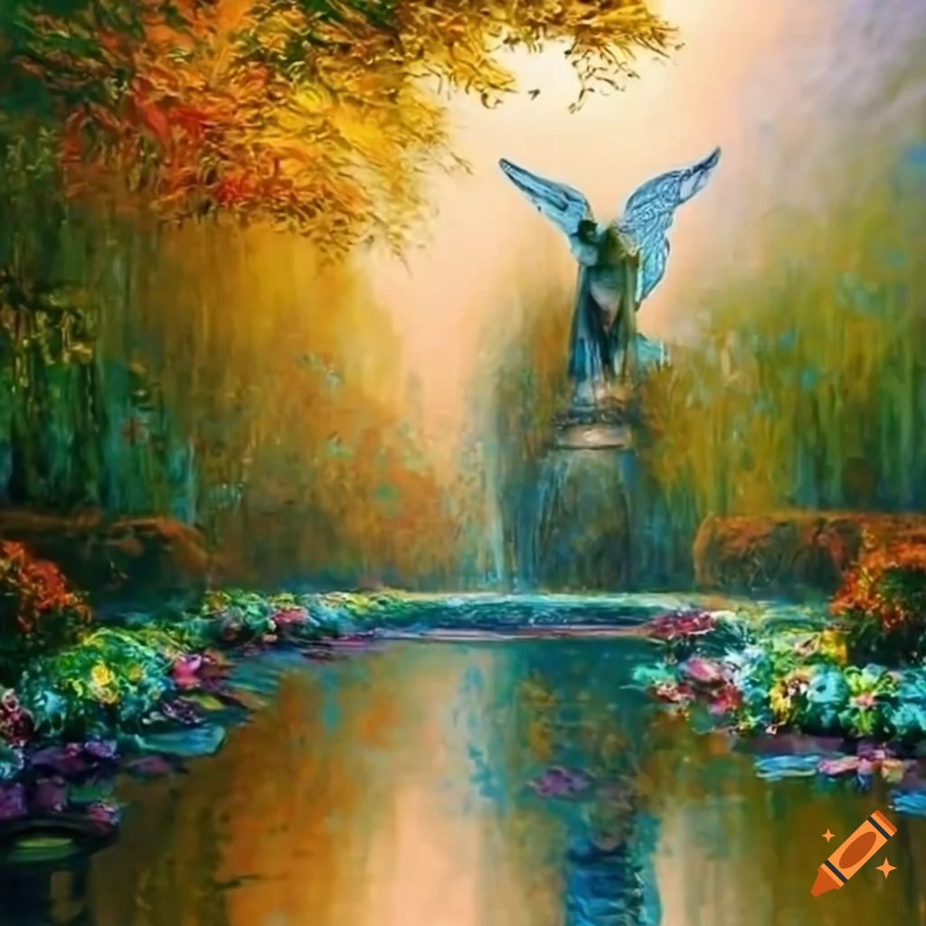 Victorian garden painting with angel statues and waterfall on Craiyon