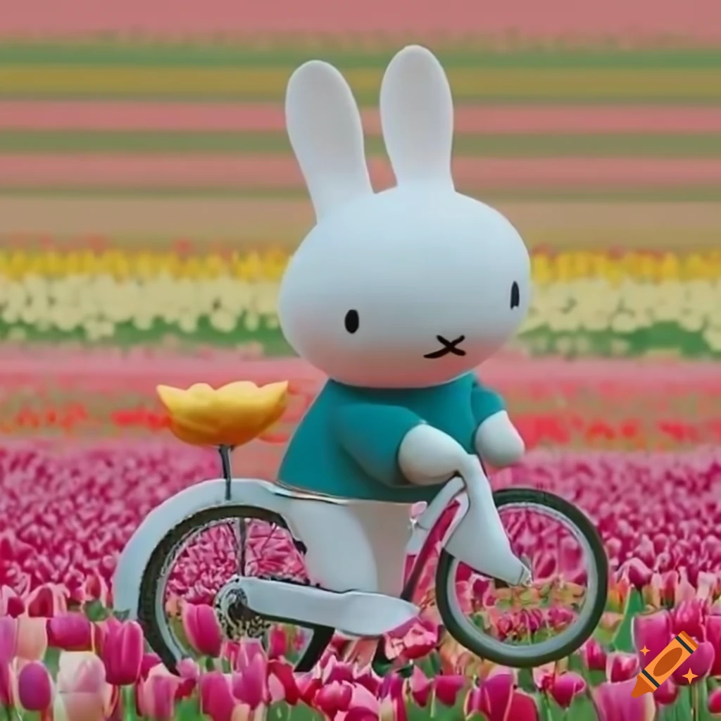 Animated miffy riding a bike in a tulip field