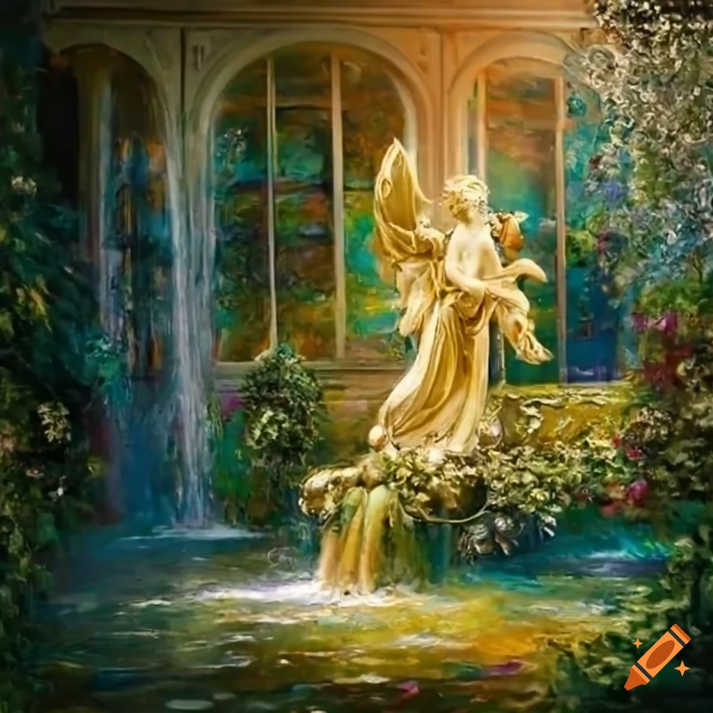 Victorian garden painting with angel statues and pond on Craiyon