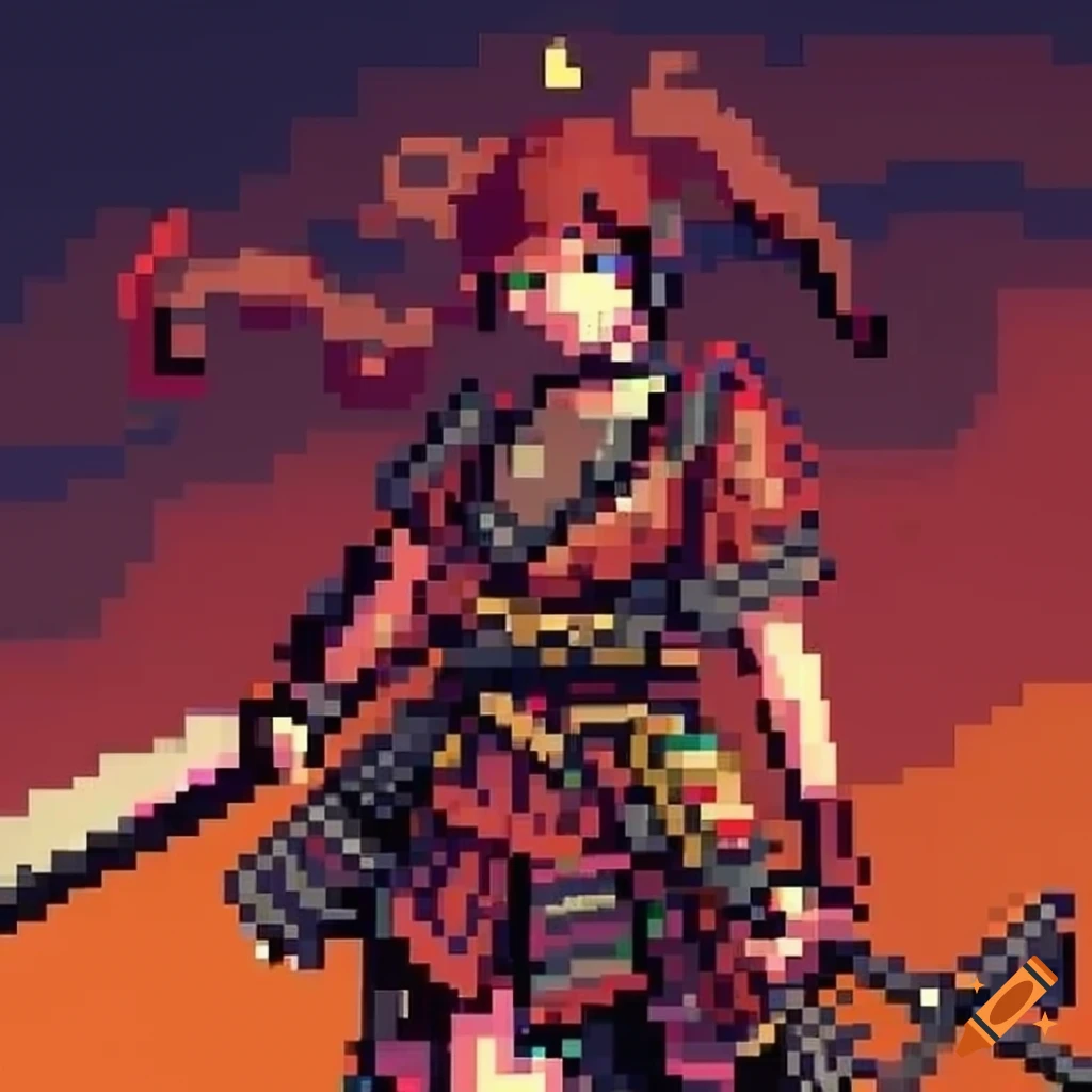 Pixel art of a samurai with dithering technique on Craiyon