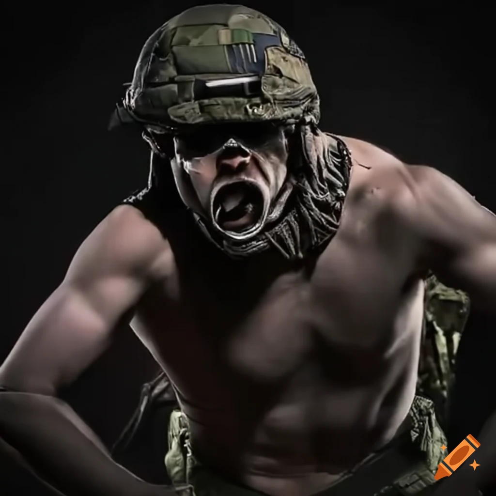 Soldier in helmet shouting in a military setting on Craiyon