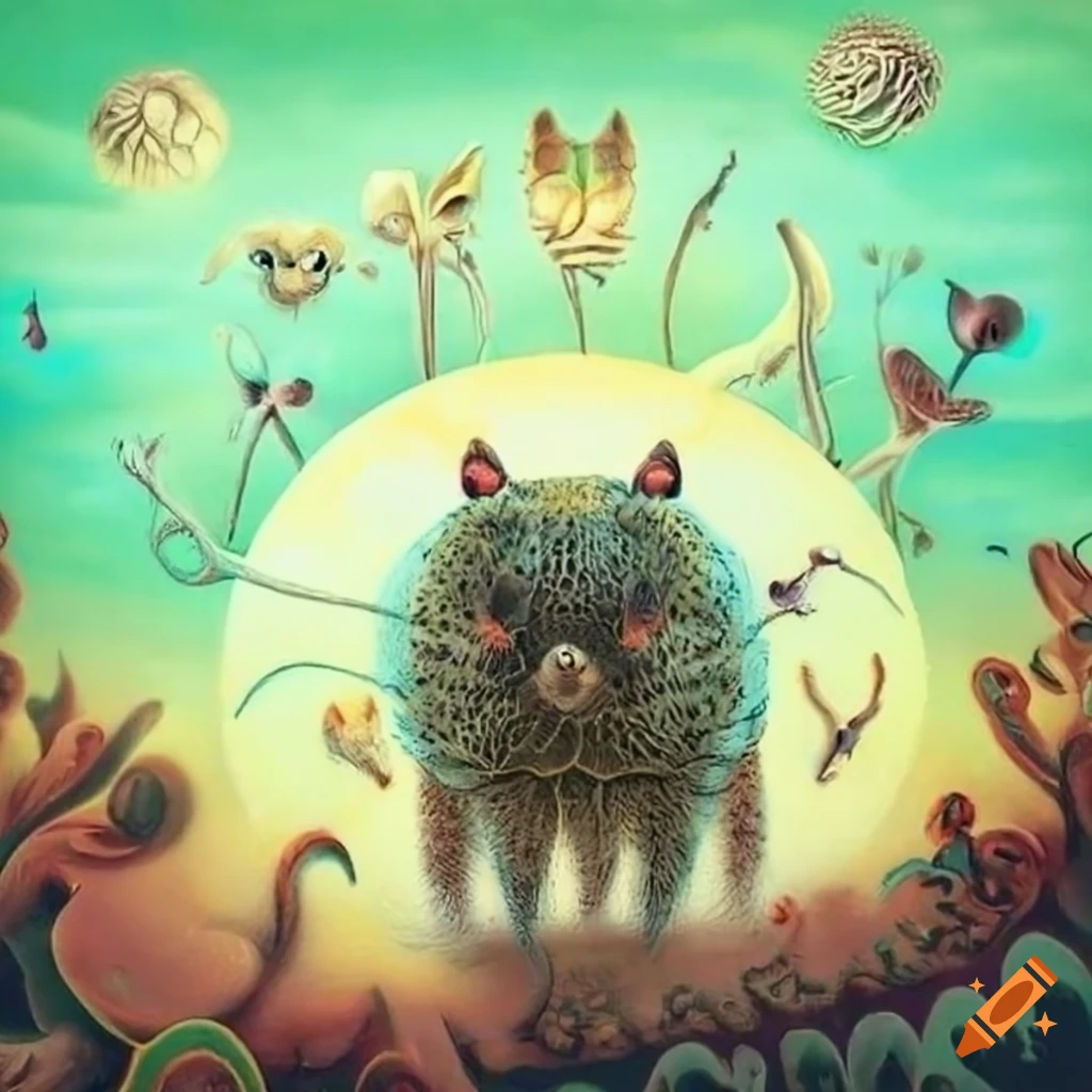 Whimsical russian folk art with animals inside a deity's mouth on Craiyon