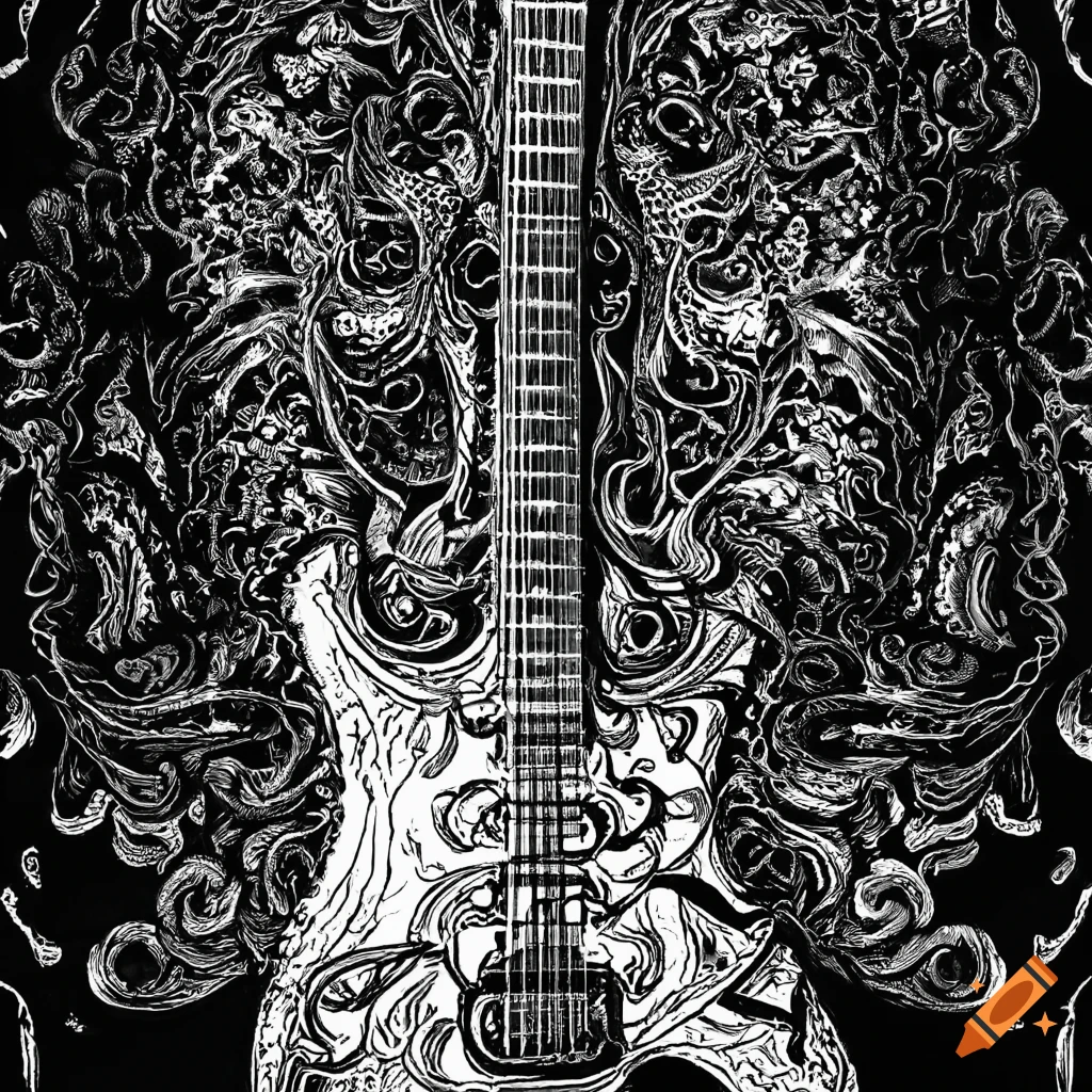 Detailed ink drawings of electric guitars in monochrome style on Craiyon