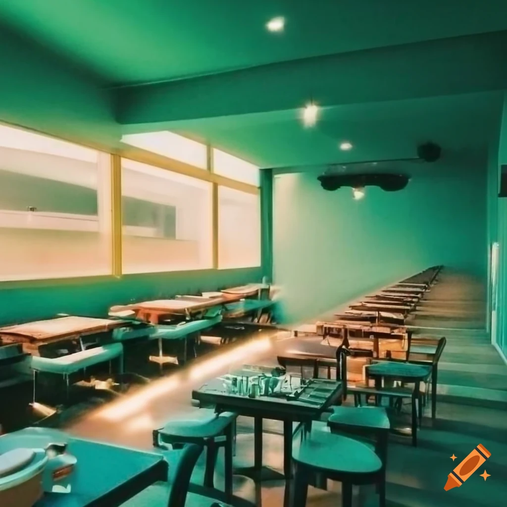 Polaroid photograph of an empty restaurant at sunset