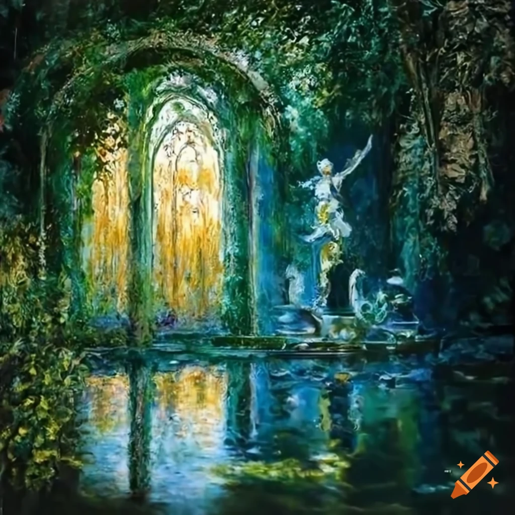 Painting of a gold angel statue in a garden pond on Craiyon