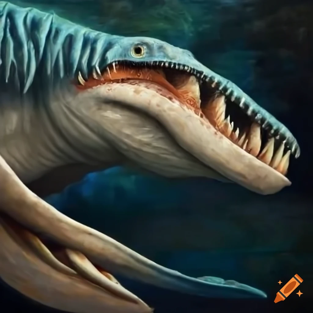 Illustration of a livyatan and mosasaurus hybrid on Craiyon
