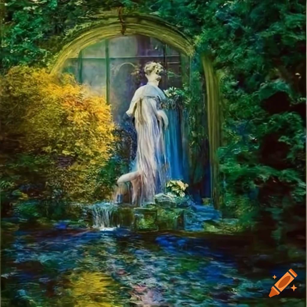 Painting of a victorian garden with angel statues and a pond on Craiyon
