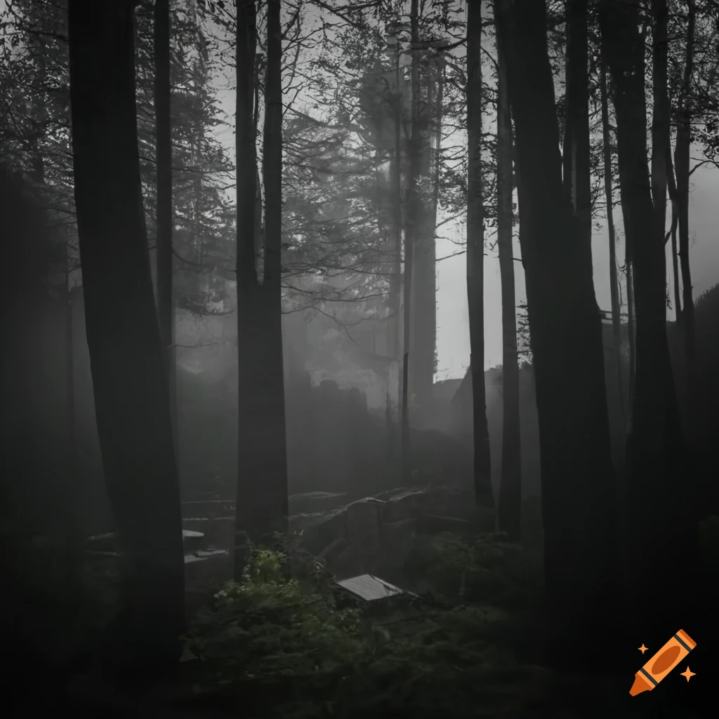 Detailed image of an abandoned city in a gloomy forest on Craiyon