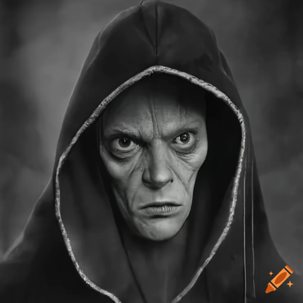 Portrait of a serious alien man with a hood