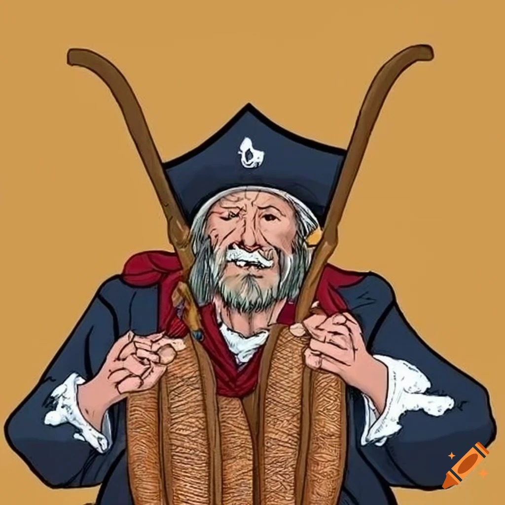 Humorous illustration of a pirate captain with a baguette on Craiyon