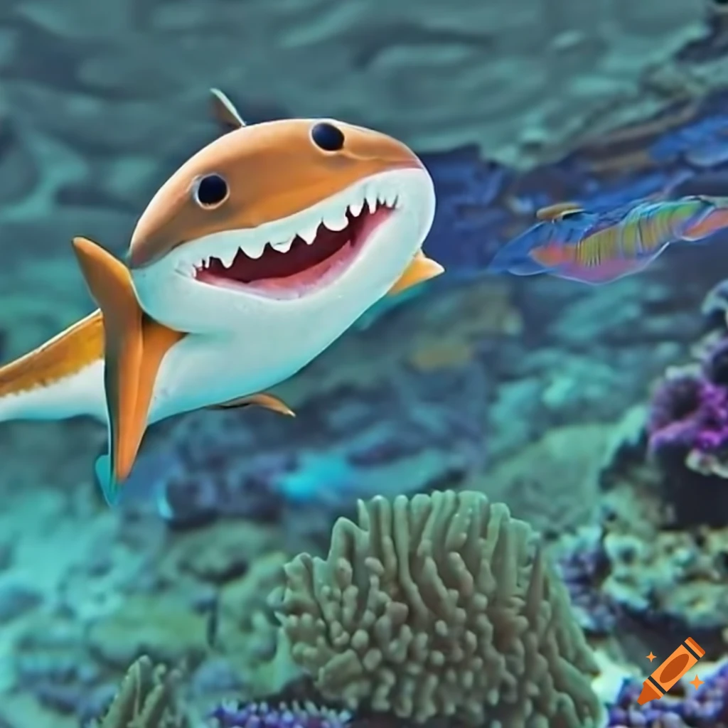 Baby shark swimming near rainbow coral on Craiyon