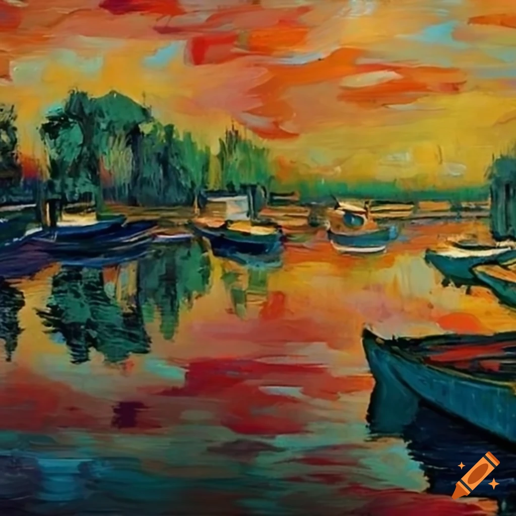 Impressionist painting of a river with boats and forest reflection
