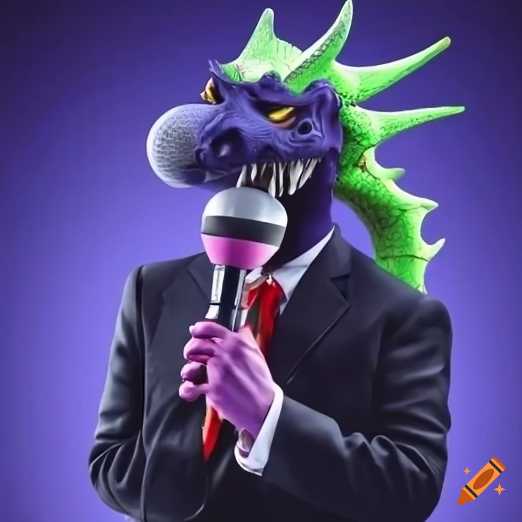 Funny dragon wearing a suit and holding a microphone
