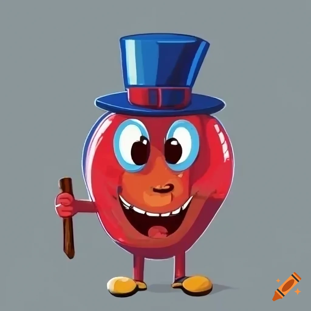 Cartoon illustration of Mr. Apple with a cane and top hat on Craiyon