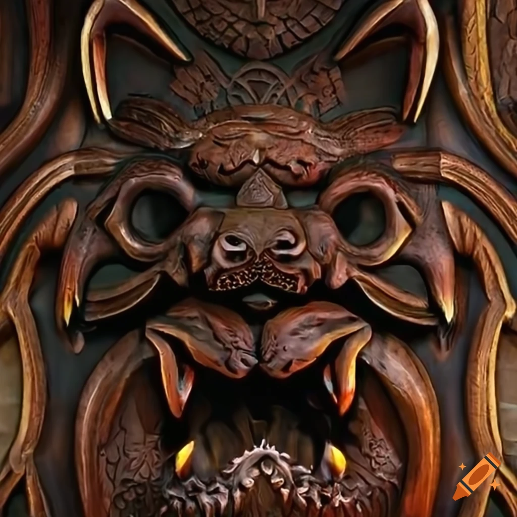 Impressive architectural carving of a werewolf in emerald green on Craiyon