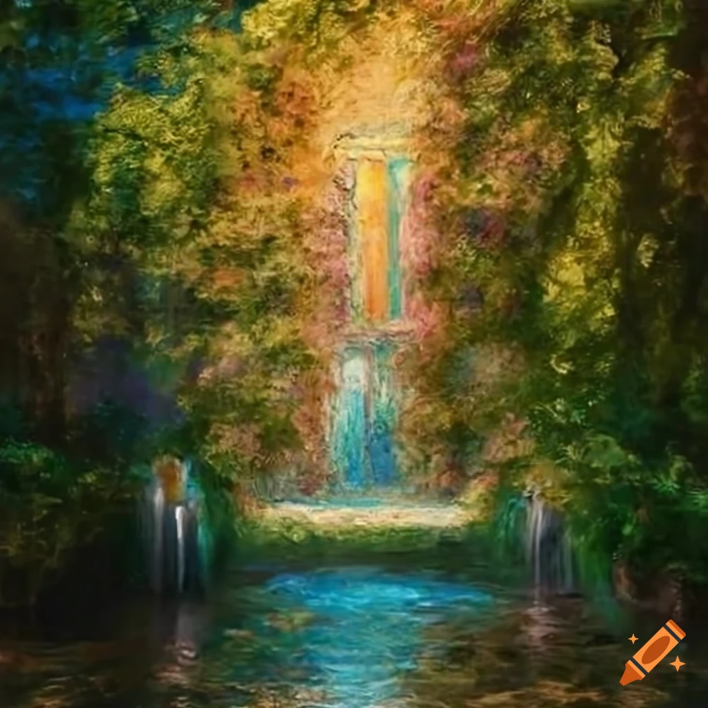 Monet-inspired garden with angel statues and a waterfall on Craiyon