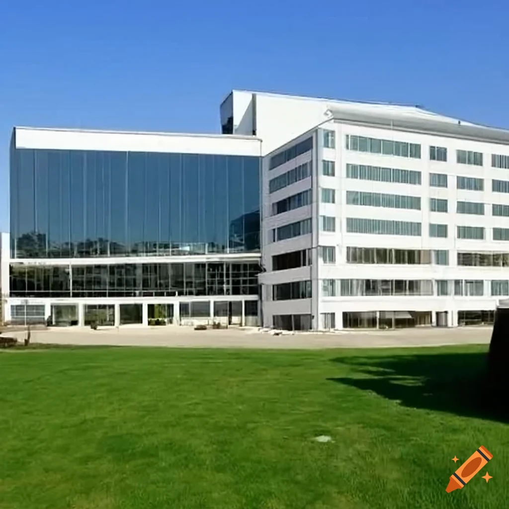 A hospital with an L-shaped inpatient building and a small garden on ...