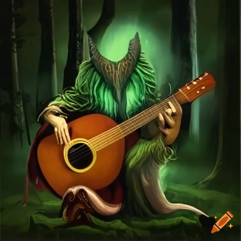 Illustration of a forest spirit with a tail playing a guitar on Craiyon