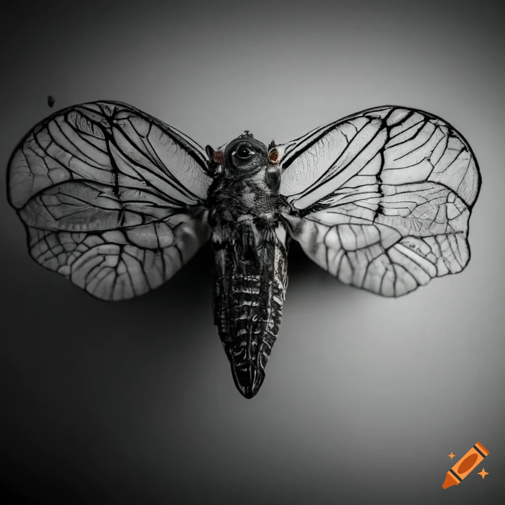 Close-up of a symmetrical cicada wingspread on Craiyon