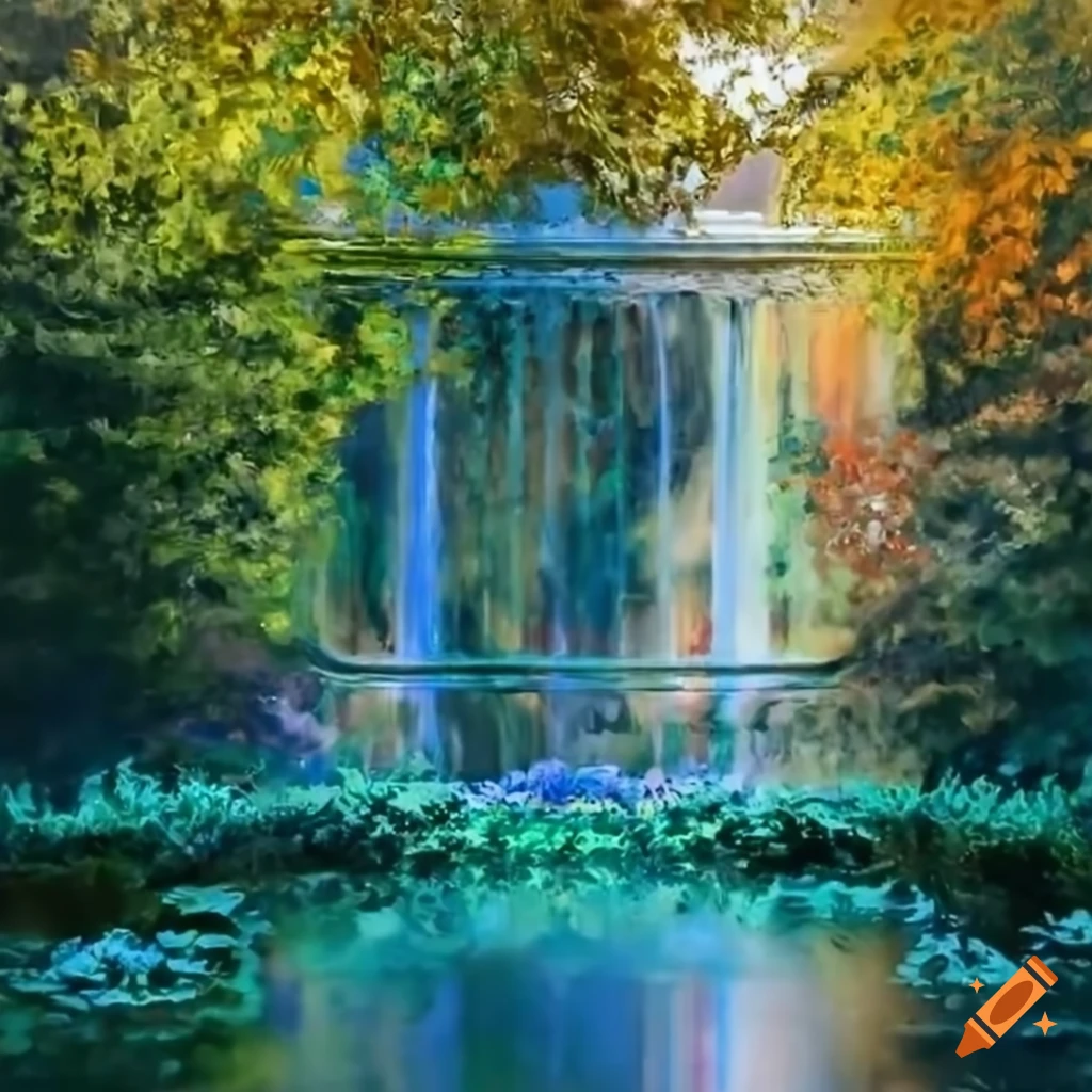 Painting of a Victorian garden with gold angel statues and a waterfall ...
