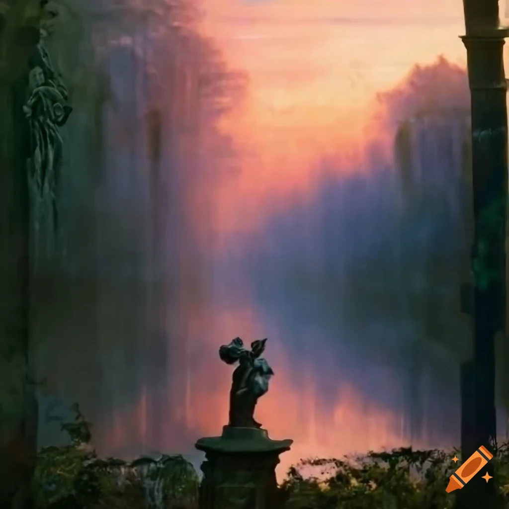 Monet's Victorian garden with angel statues and tall glass window on ...