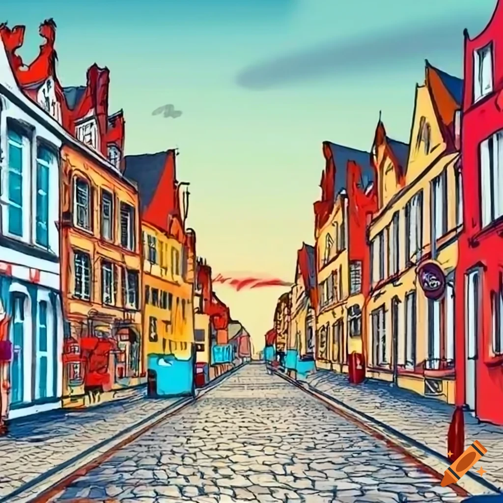 Comic-style depiction of a belgian street