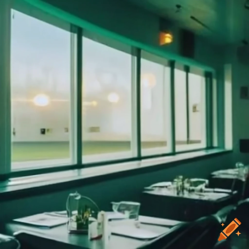 Polaroid-style photo of an empty restaurant at sunset on Craiyon