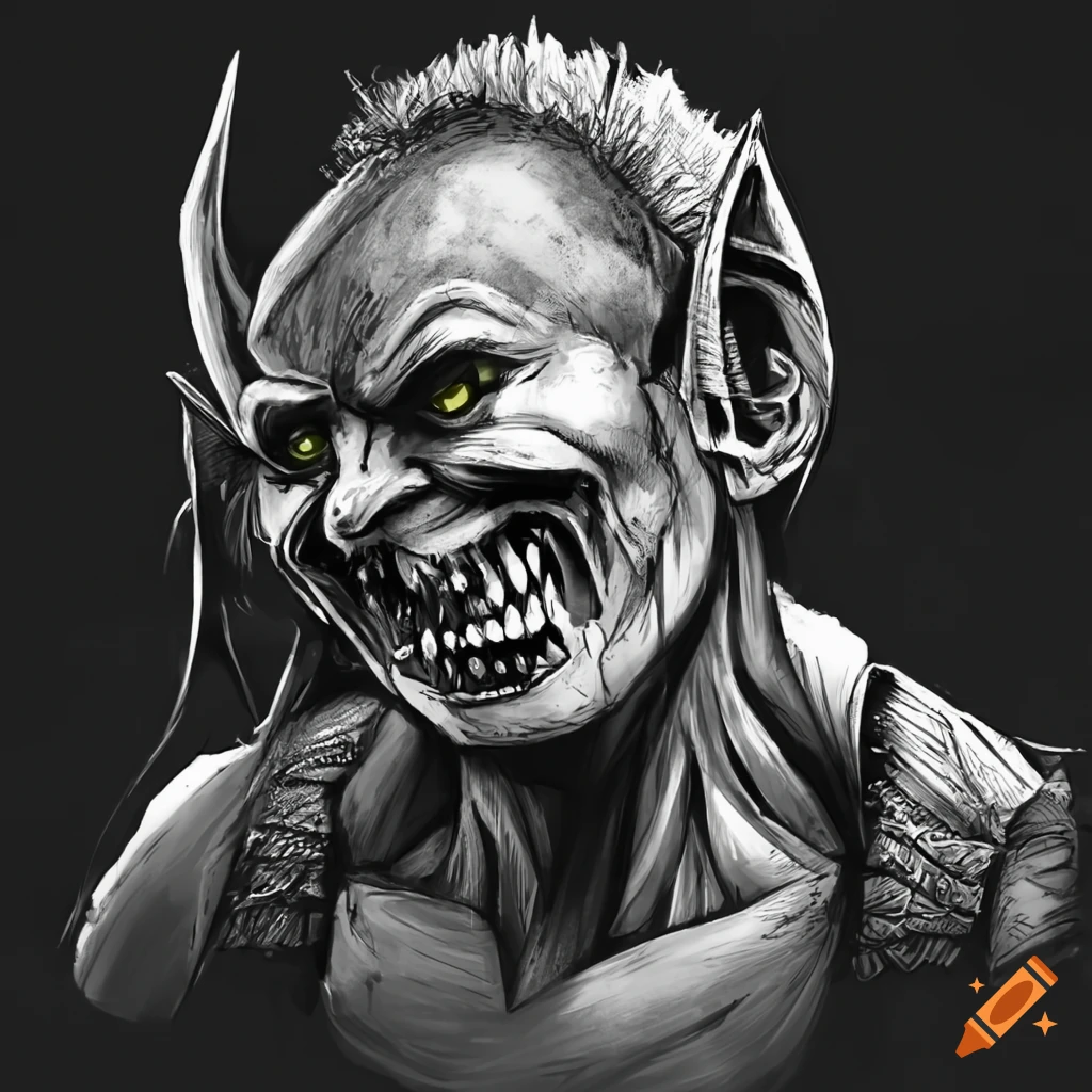 Black and white sketch of a goblin on black background