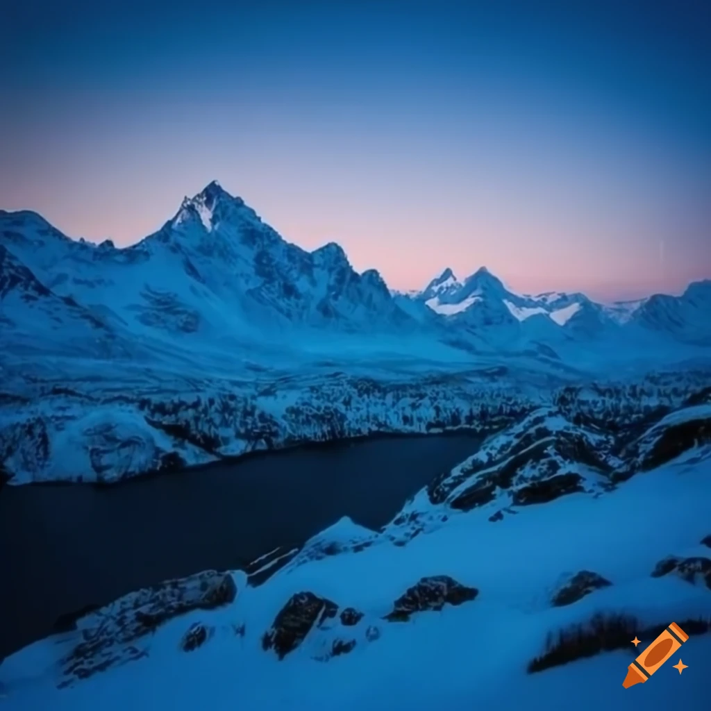 Snow-covered mountains overlooking a sea on Craiyon