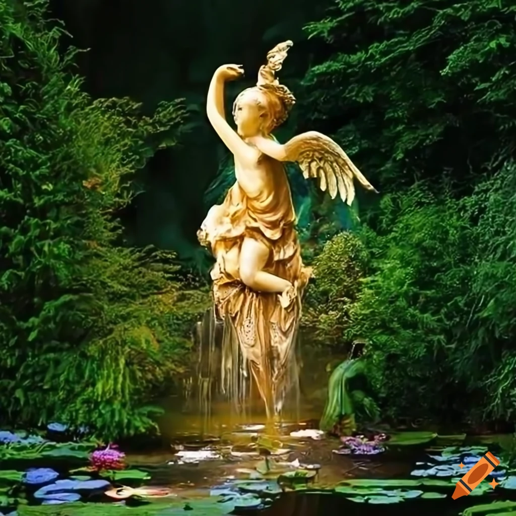 Painting of a victorian garden with angel statues and a pond