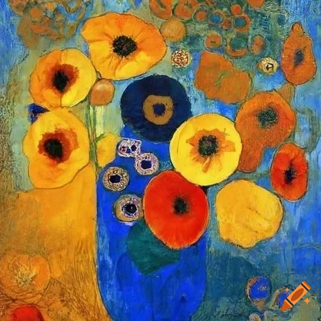 Abstract artwork with blue squares and colorful poppies