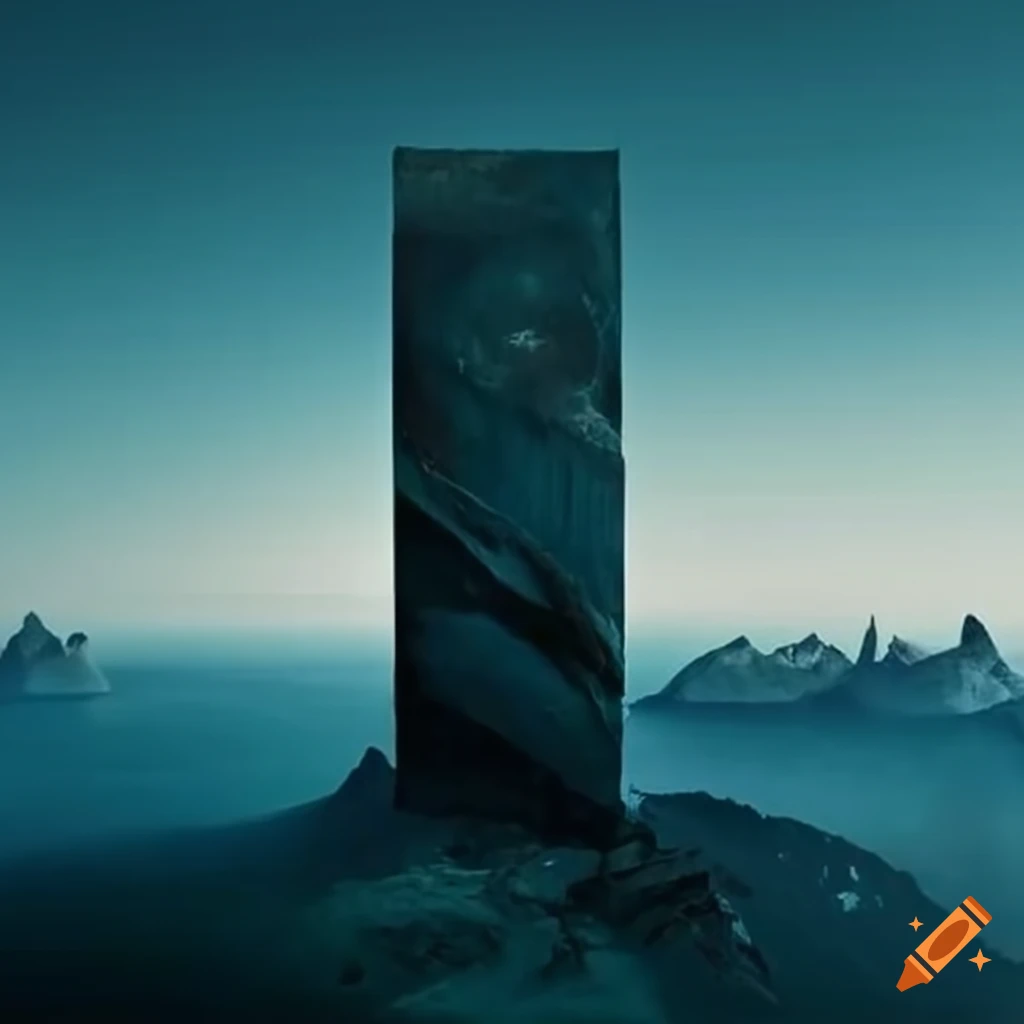 Monolith on a cliff overlooking an apocalyptic landscape