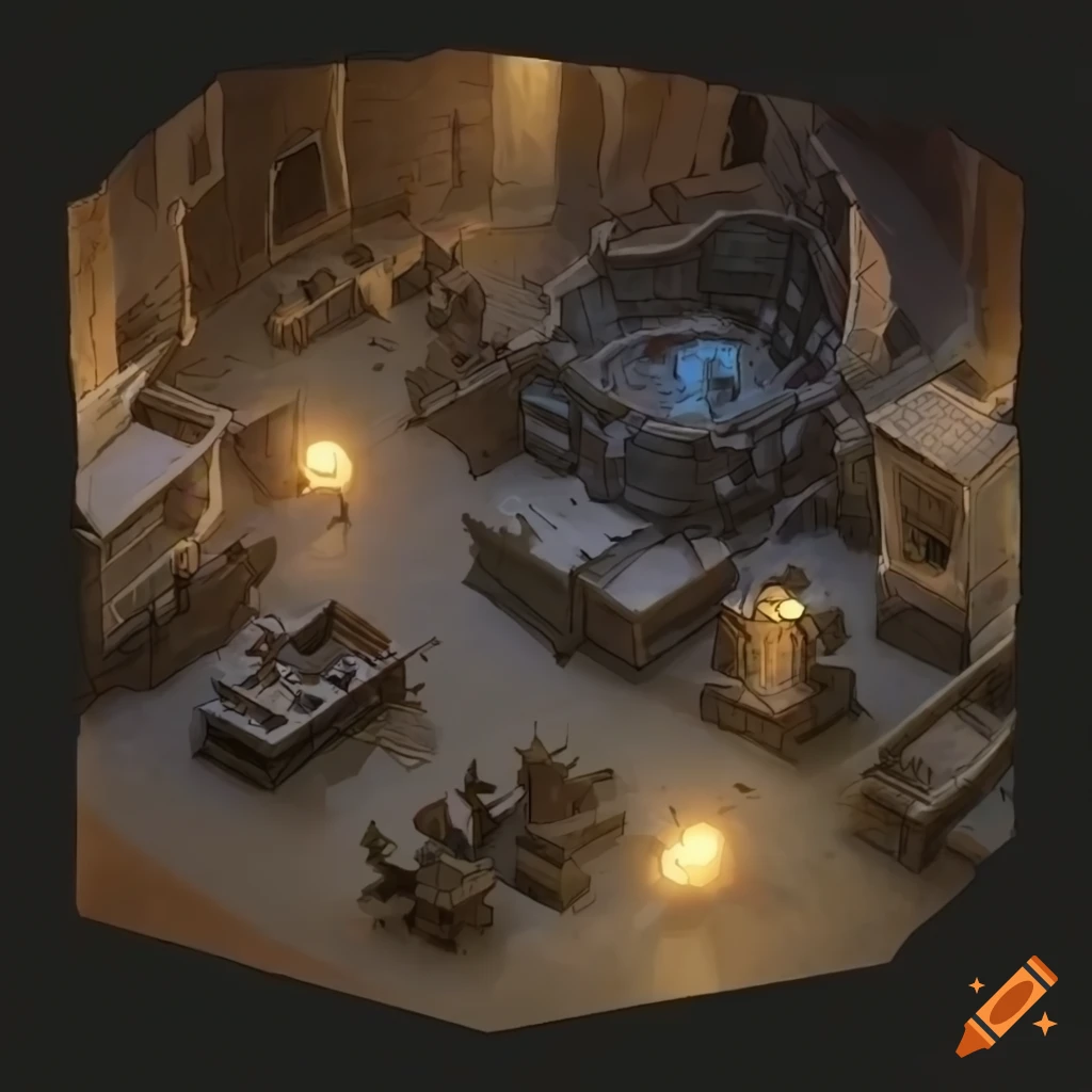 Detailed isometric concept art of a modular boss arena on Craiyon
