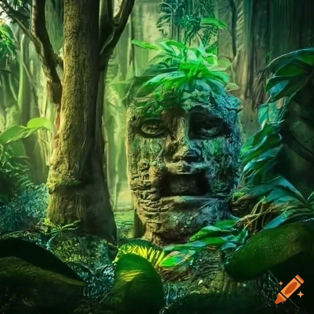 Enchanted jungle with an ancient stone statue on Craiyon