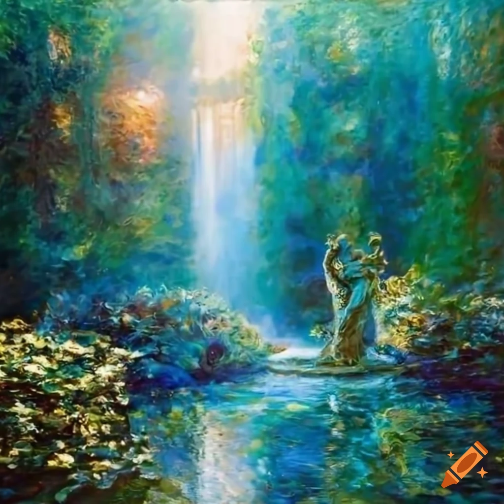 Painting of angel statues in a victorian garden on Craiyon