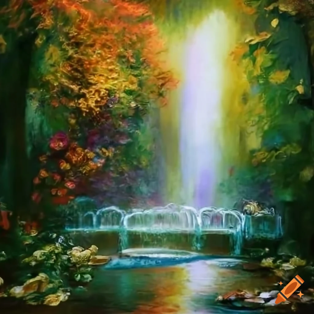 Monet's Victorian garden with gold angel statues and a pond on Craiyon