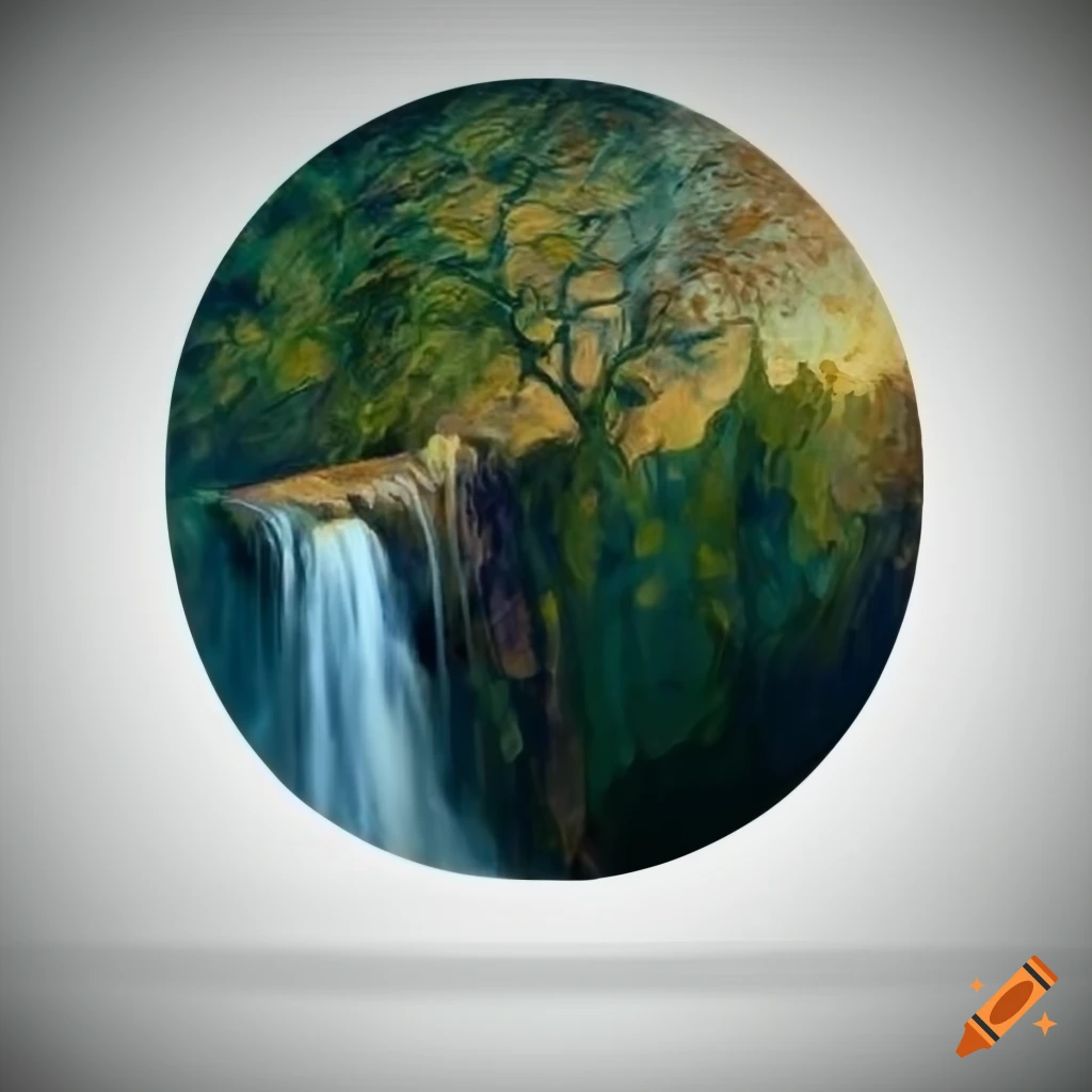 Impressionist painting of a waterfall in an oval shape on Craiyon