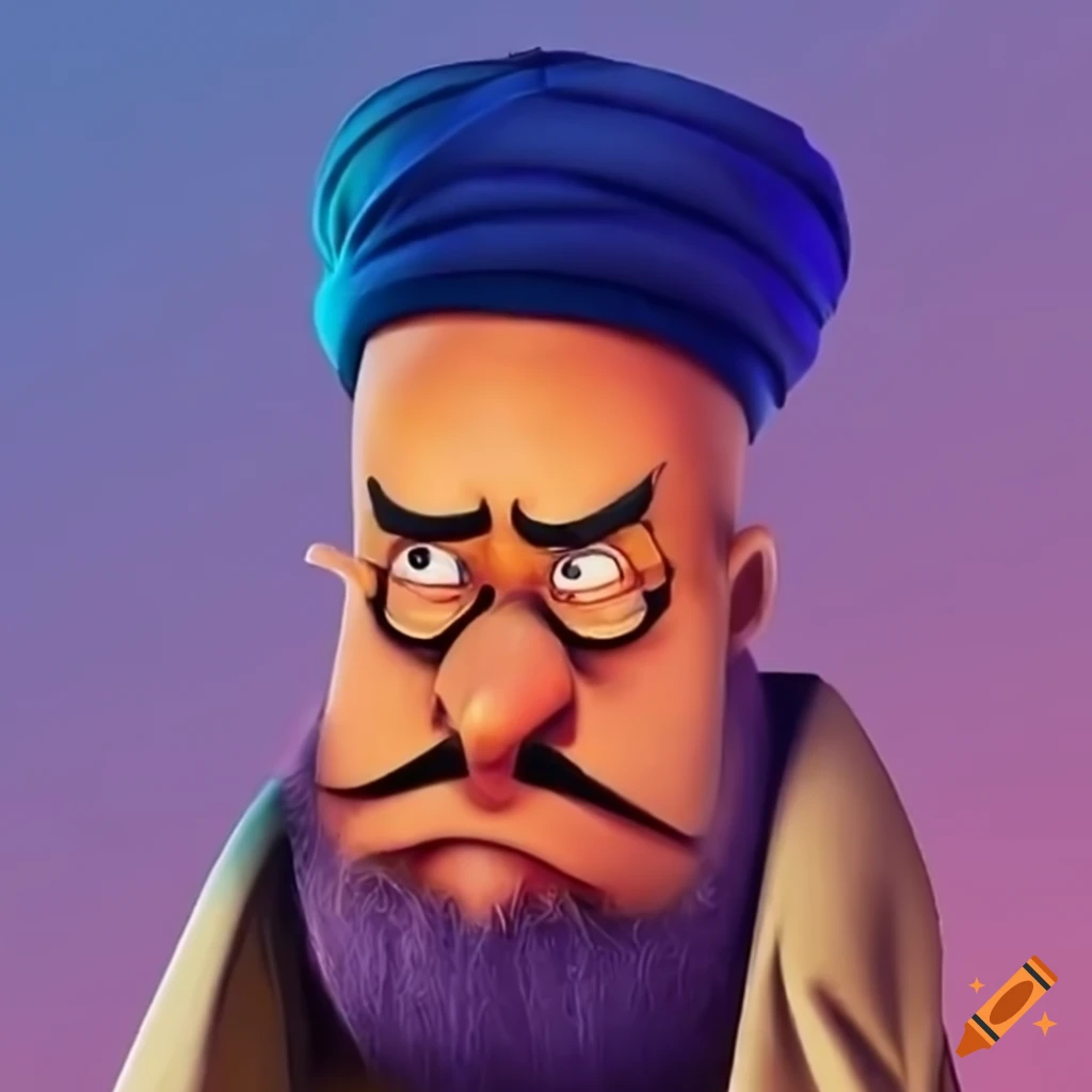 Cartoon character juha wearing a turban on Craiyon