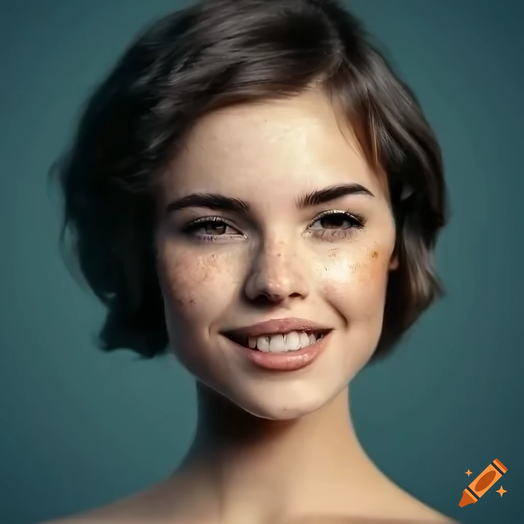 Portrait of a beautiful woman with freckles and wavy dark brown hair on Craiyon