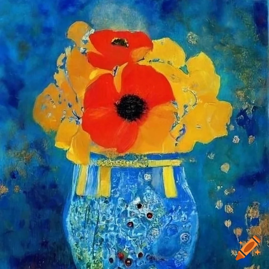 Abstract art in blue with squares and poppies on Craiyon