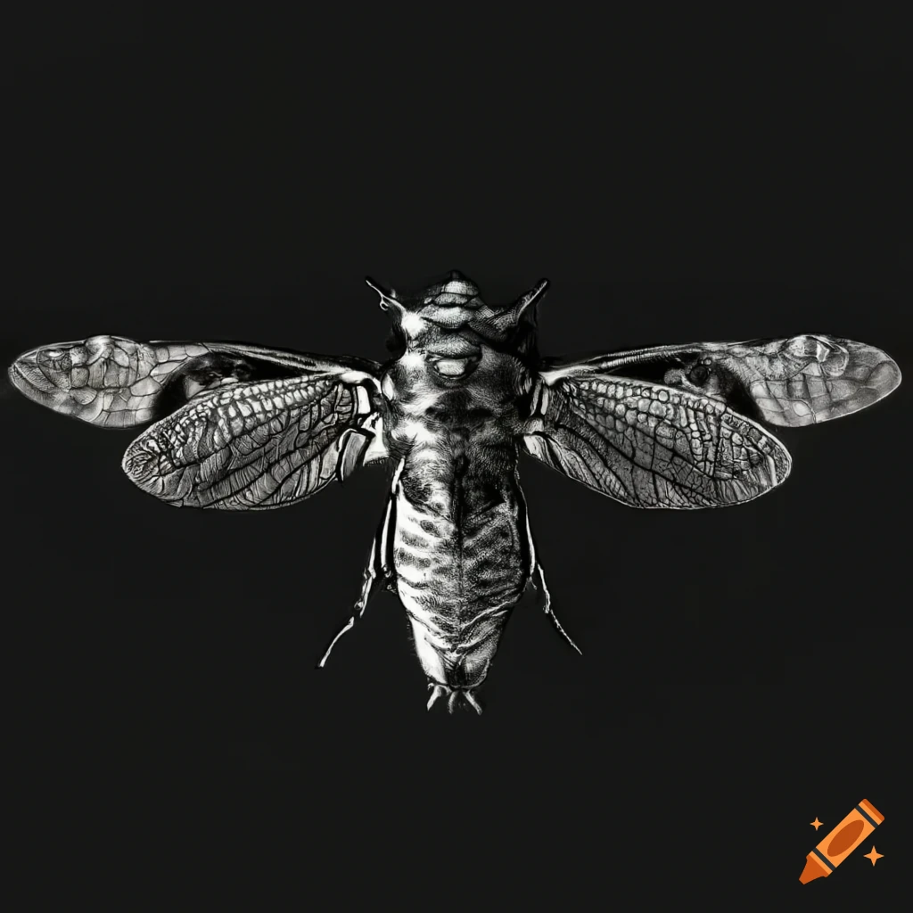Detailed monochromatic image of spread-out cicada wings on Craiyon