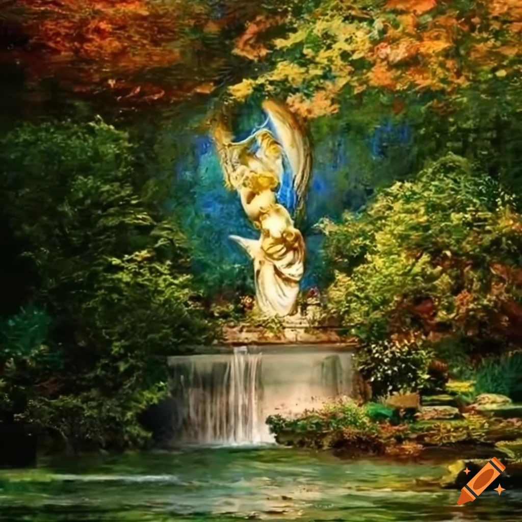 Victorian garden with angel statues in a pond