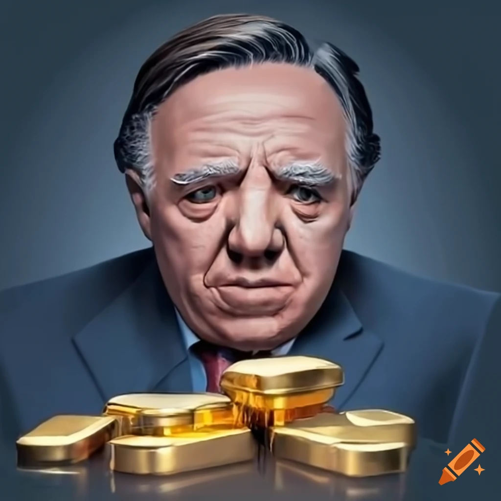 Satirical image of françois legault on a pile of money and gold on Craiyon