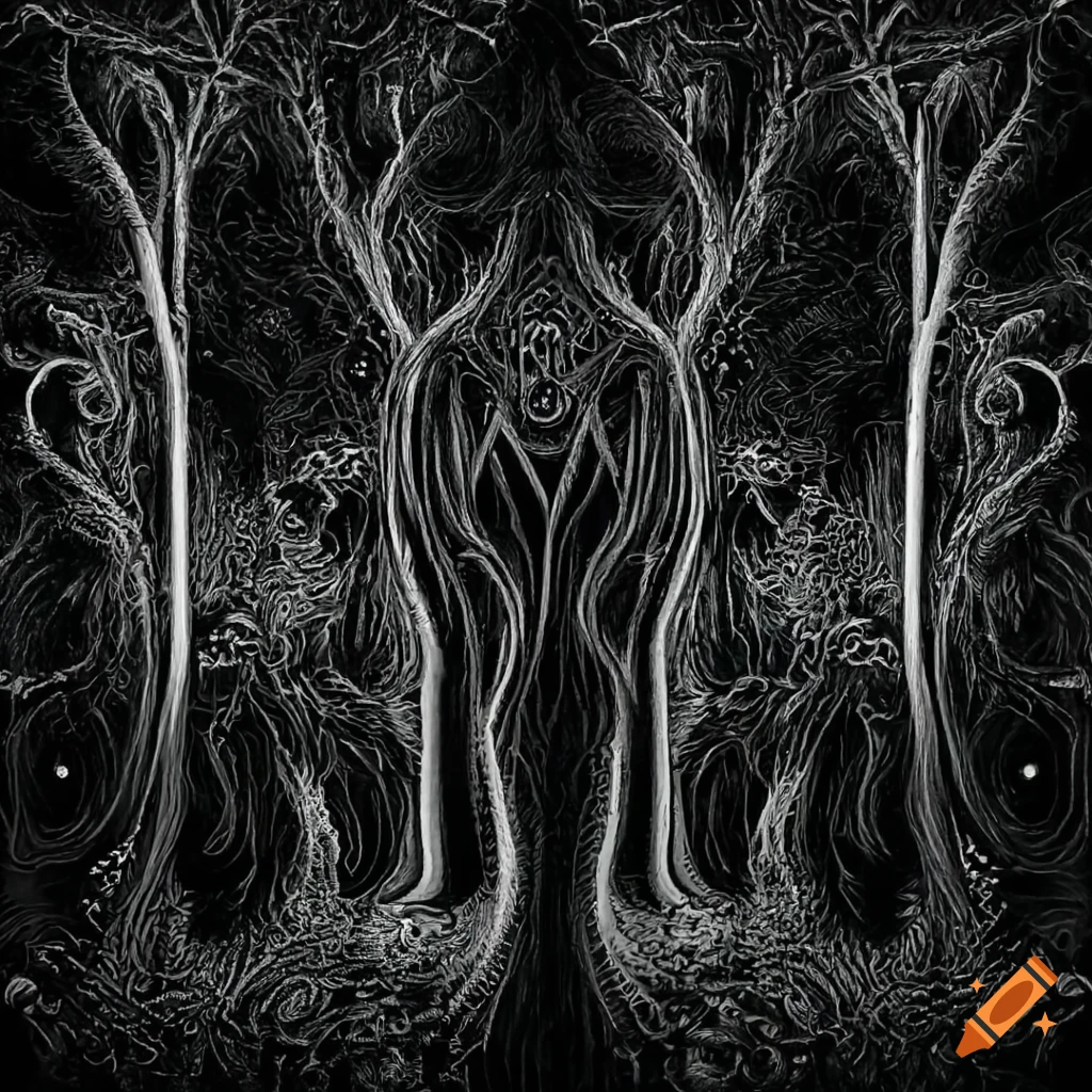 Eerie forest with menacing trees in a scary scene on Craiyon