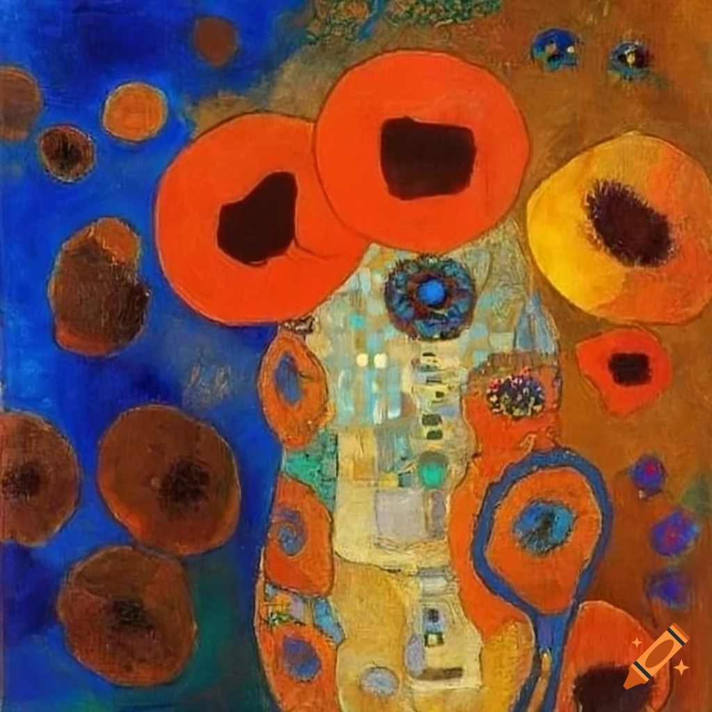 Abstract art in blue squares with poppies