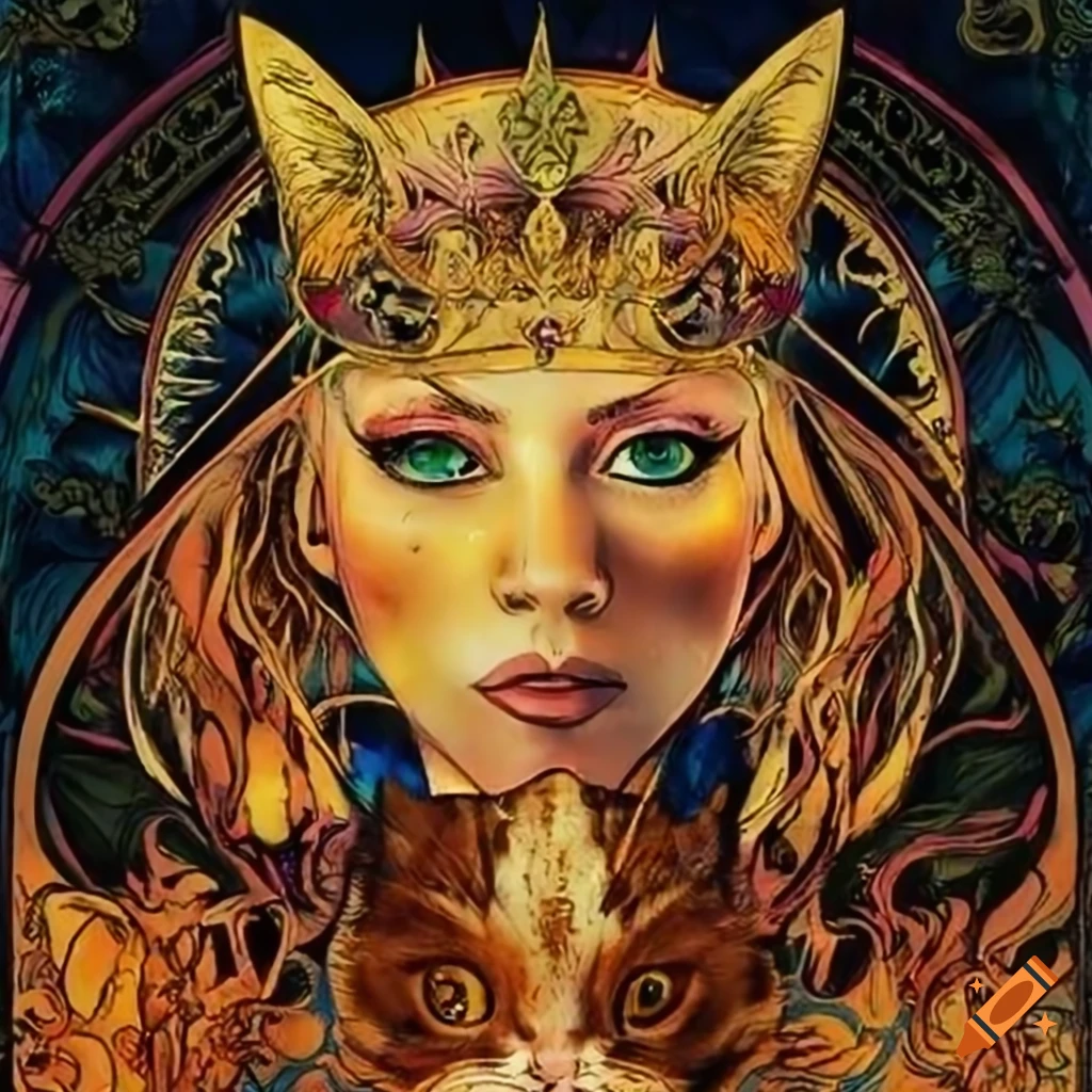 Art nouveau comic book frames of a cat queen