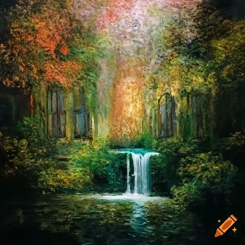 Painting of a victorian garden with angel statues and a pond on Craiyon