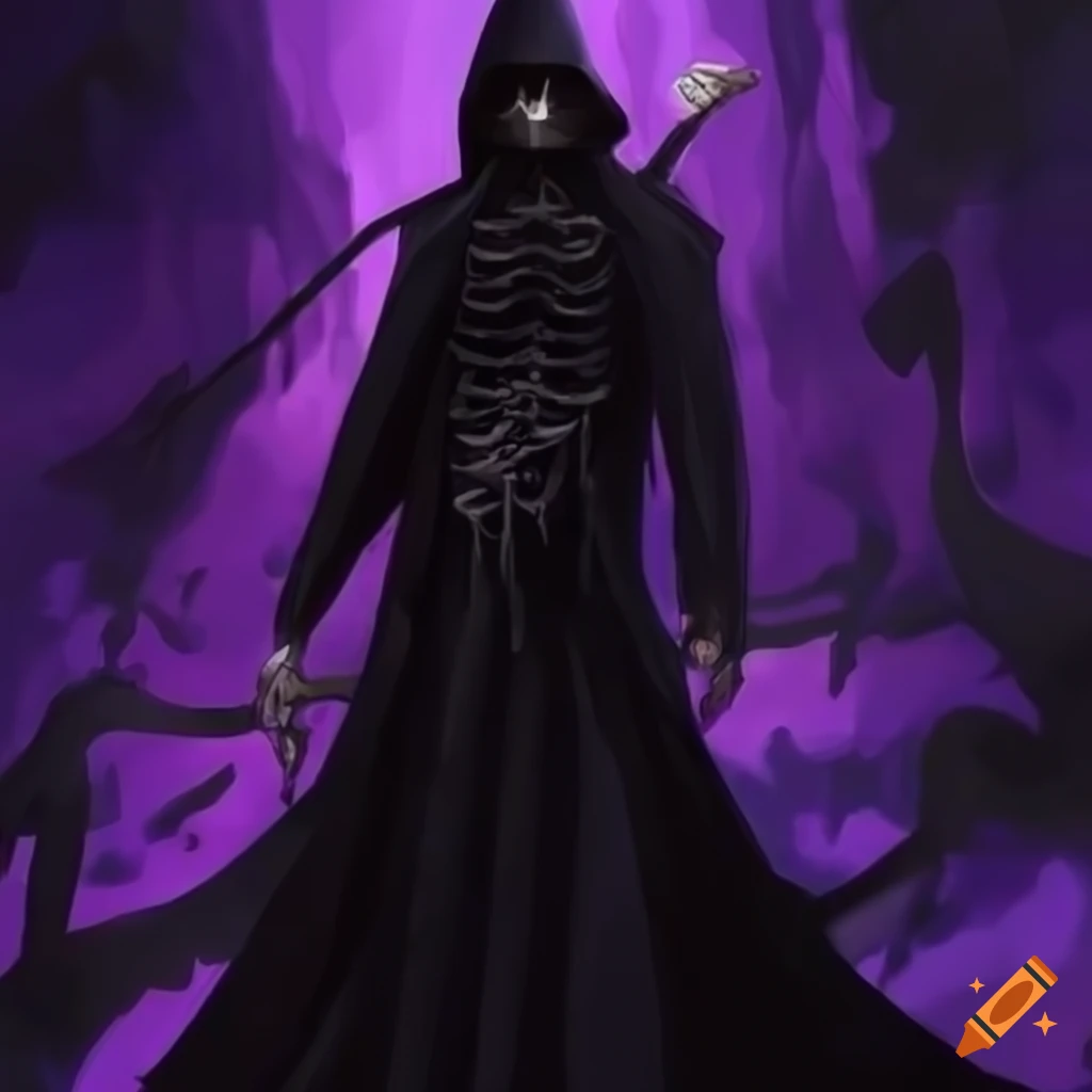 Digital art of a mysterious black skeleton with a purple black cloak on ...